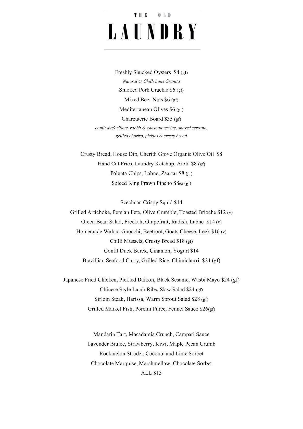 Menu at The Old Laundry Bar & Kitchen, North Perth