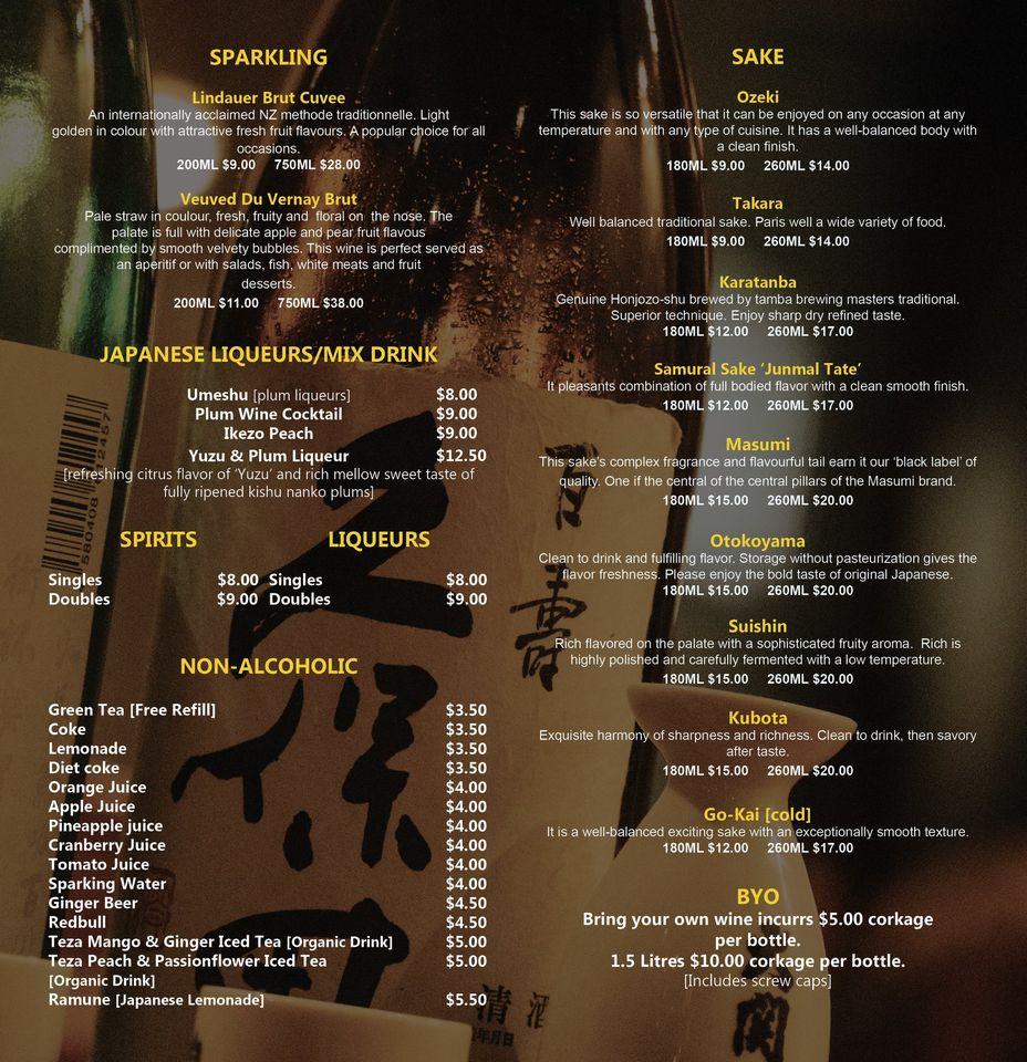 Menu at Arashi Kushiyaki Bar, Wellington