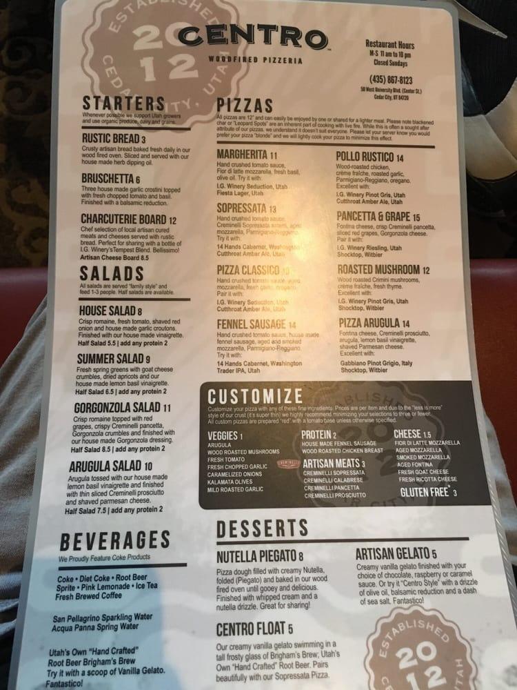 Menu at Centro Woodfired Pizzeria, Cedar City