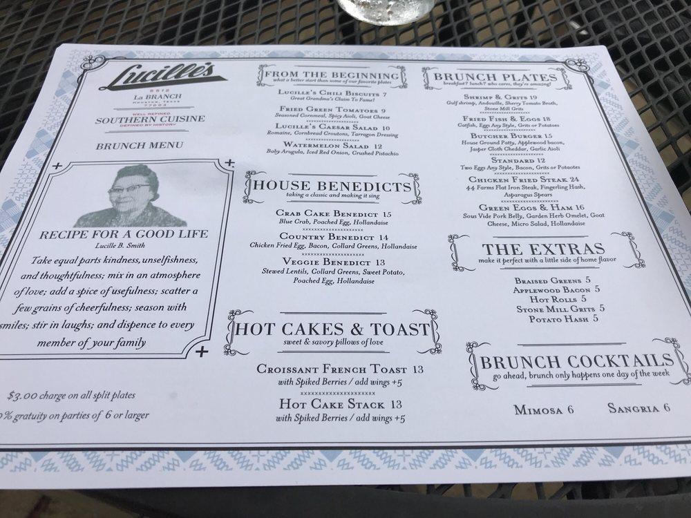 Menu at Lucille's restaurant, Houston
