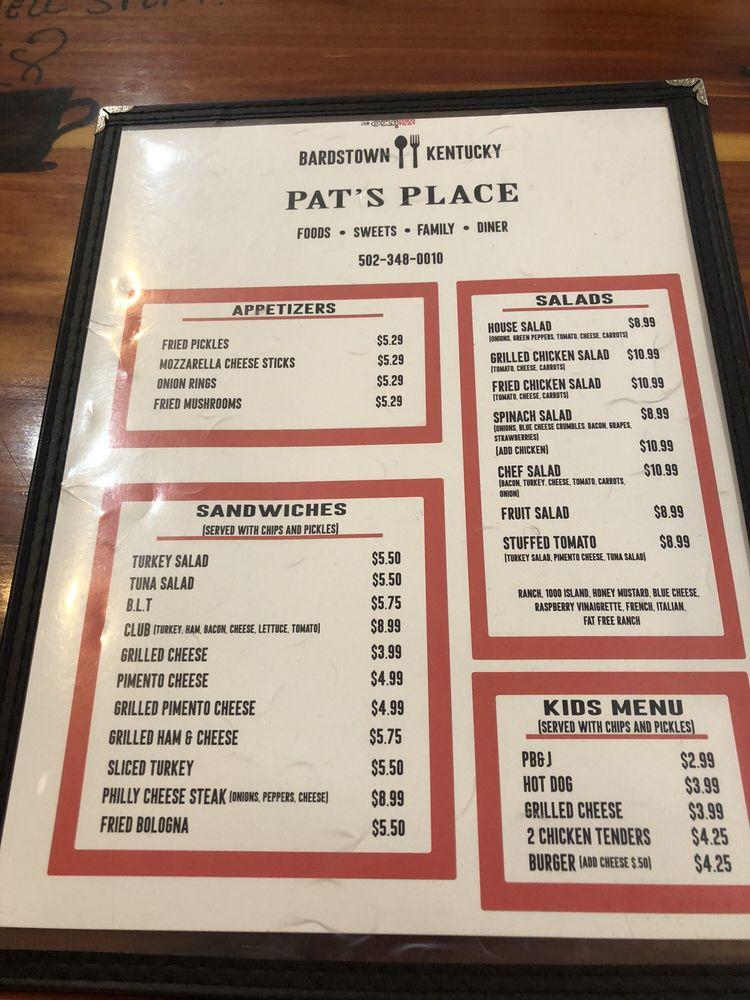 Menu at Pat's Place restaurant, Bardstown