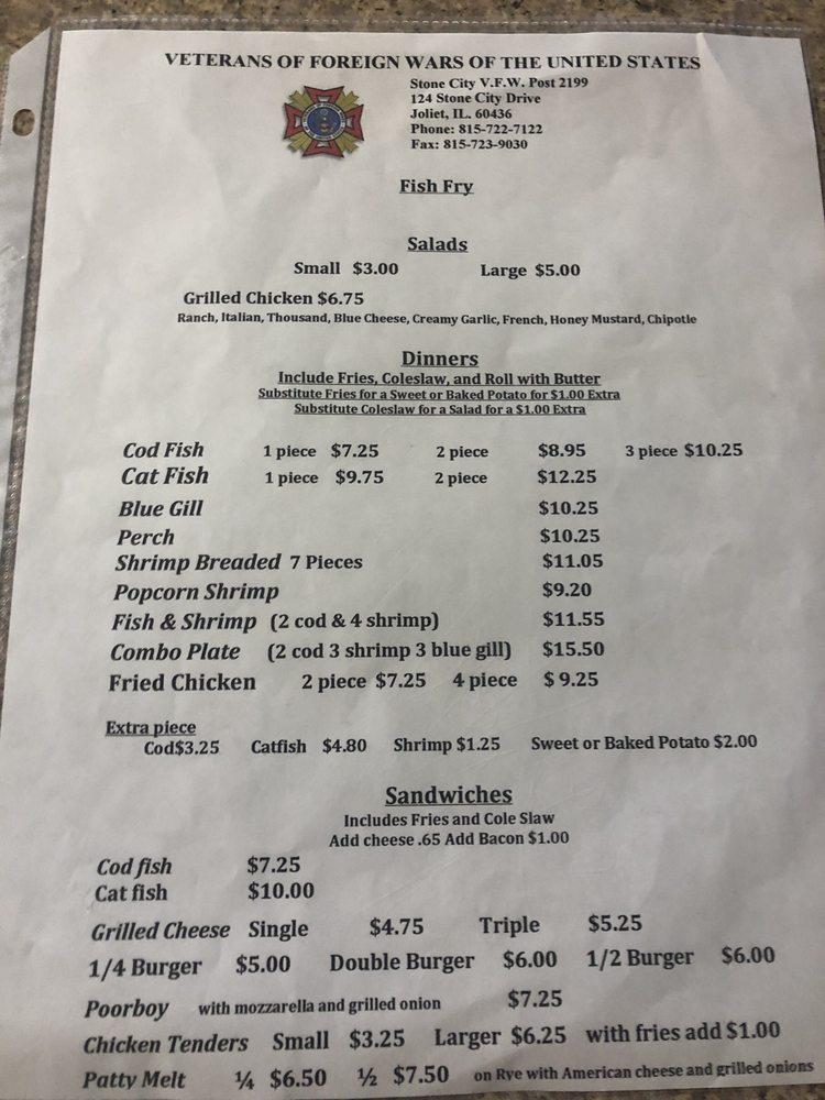 Menu at Stone City Vfw Post 2199 pub & bar, Joliet