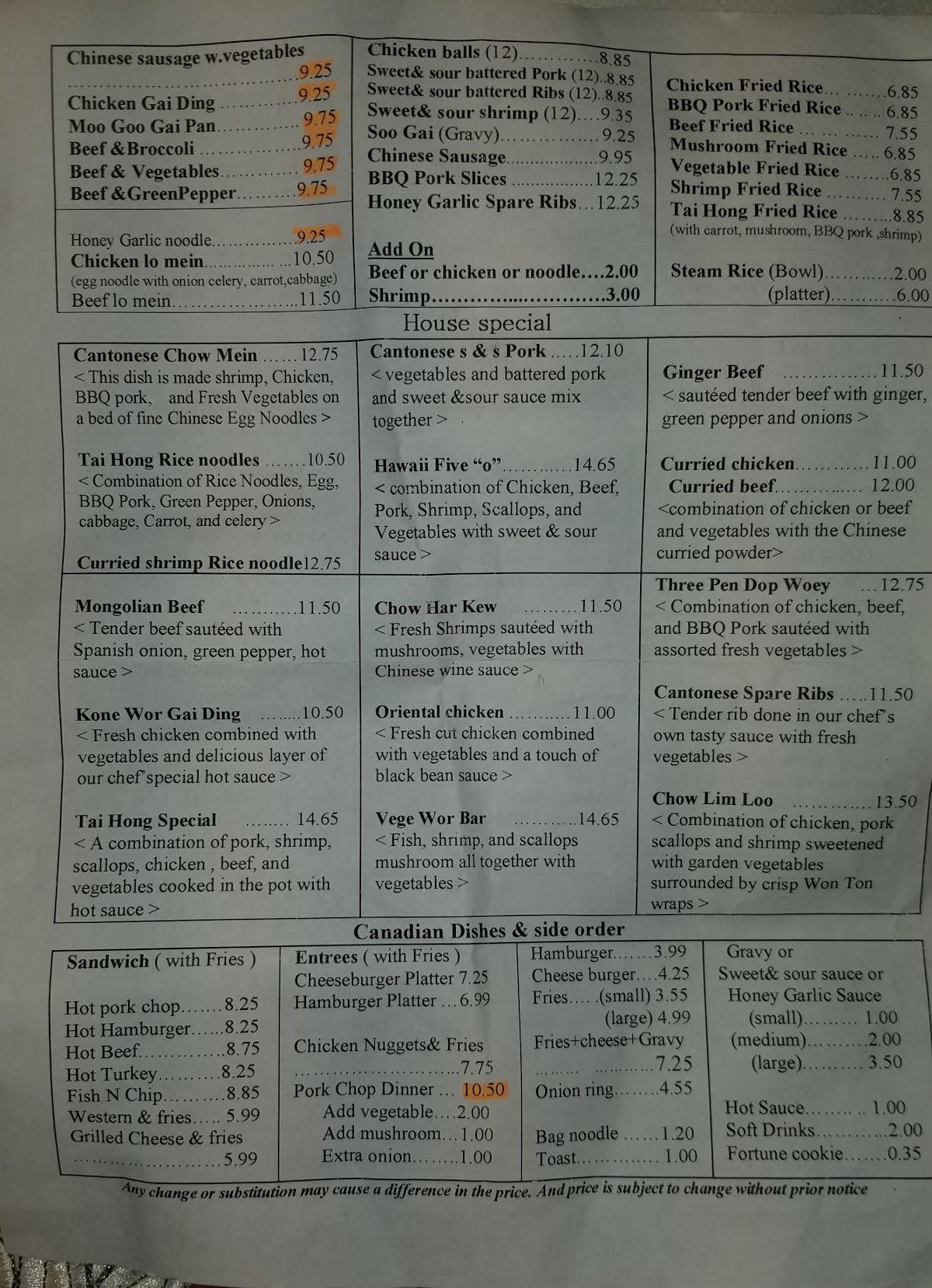 Menu at Tai Hong Restaurant, Channel-Port aux Basques
