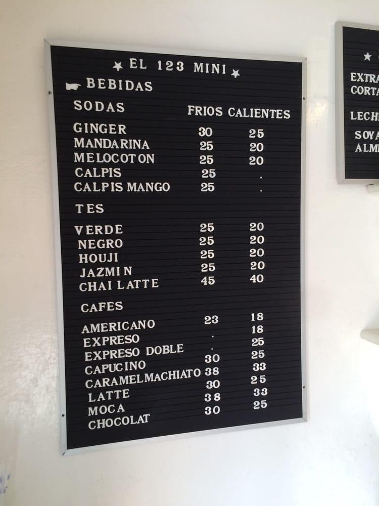 Menu at 123 mini cafe, Mexico City