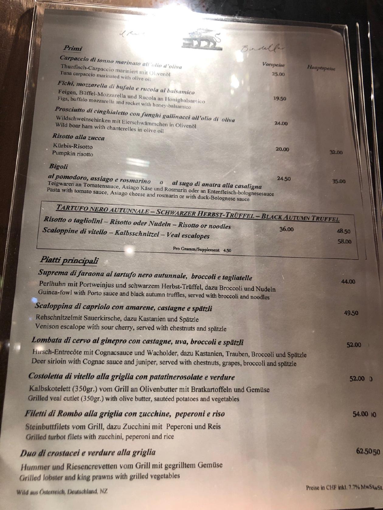 Speisekarte von Ristorante Bindella, Zürich, In Gassen 6