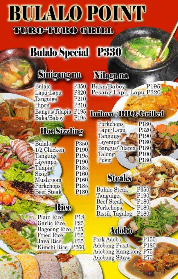 Menu at Bulalo Point Turo-Turo Grill restaurant, Tagaytay, Tagaytay ...