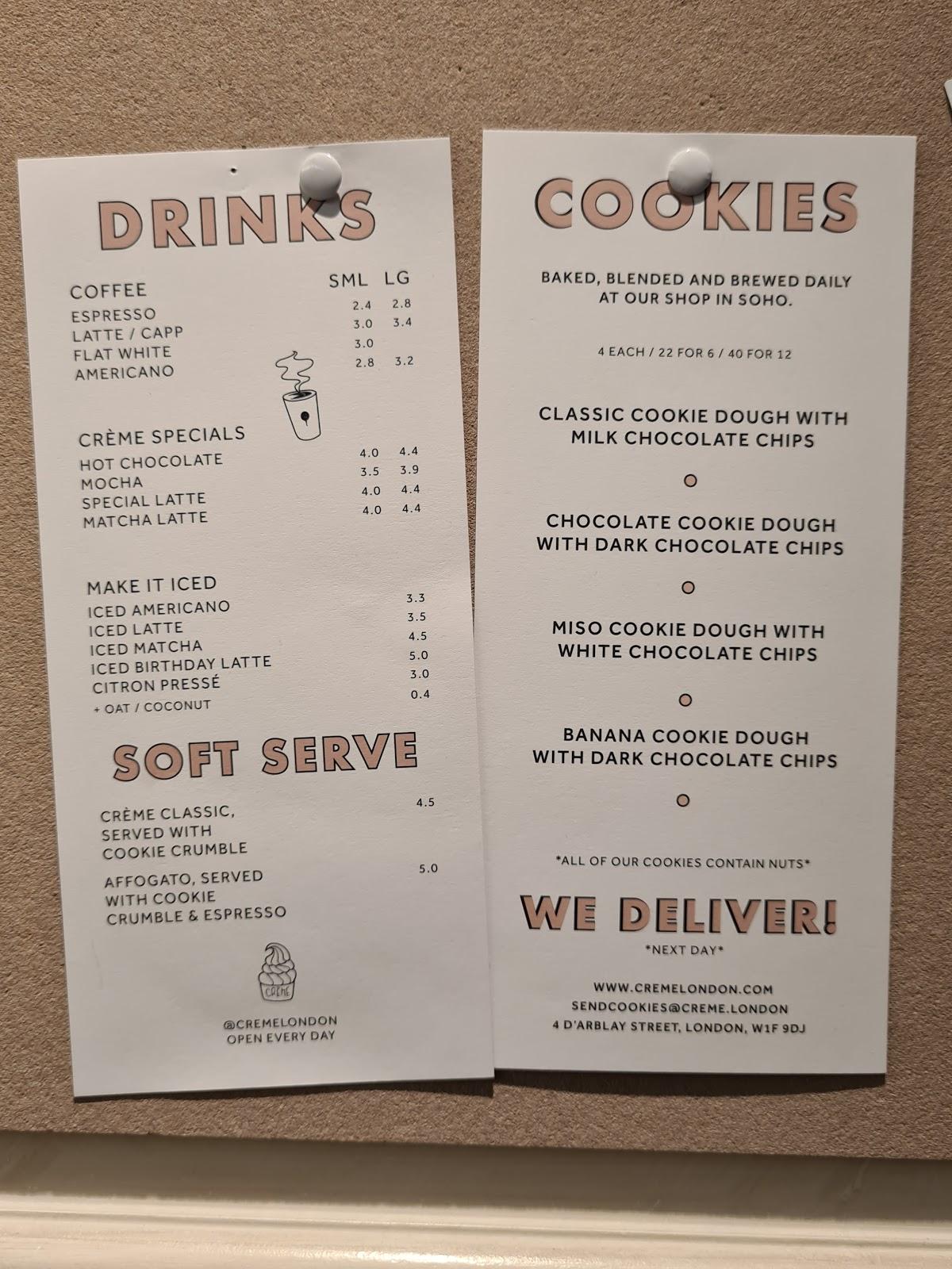 Menu at Crème desserts, London