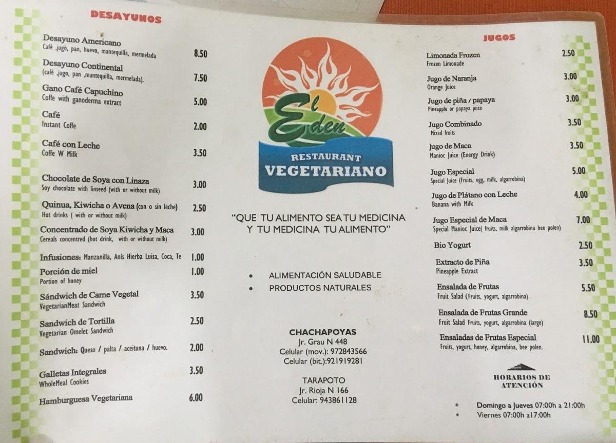 Menu at El Eden Vegetarian Restaurant, Chachapoyas