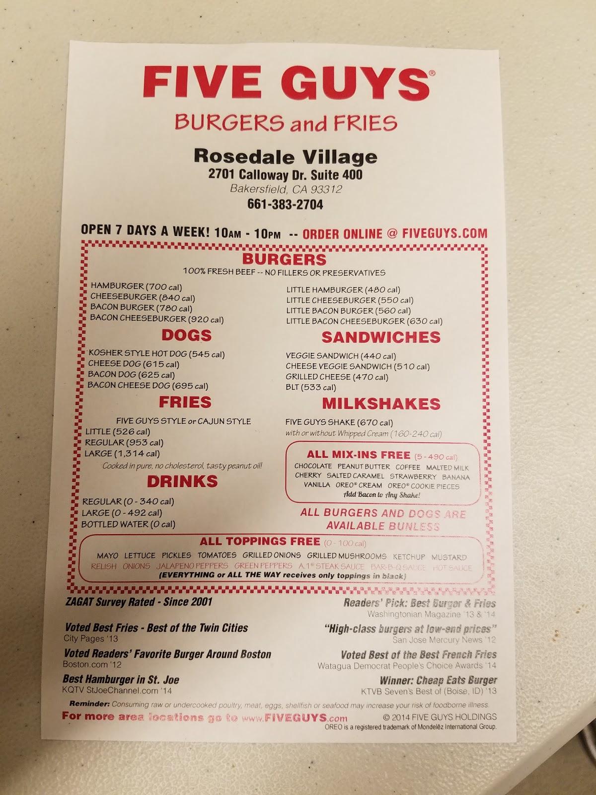 Menu at Five Guys fast food, Bakersfield, Calloway Dr #400