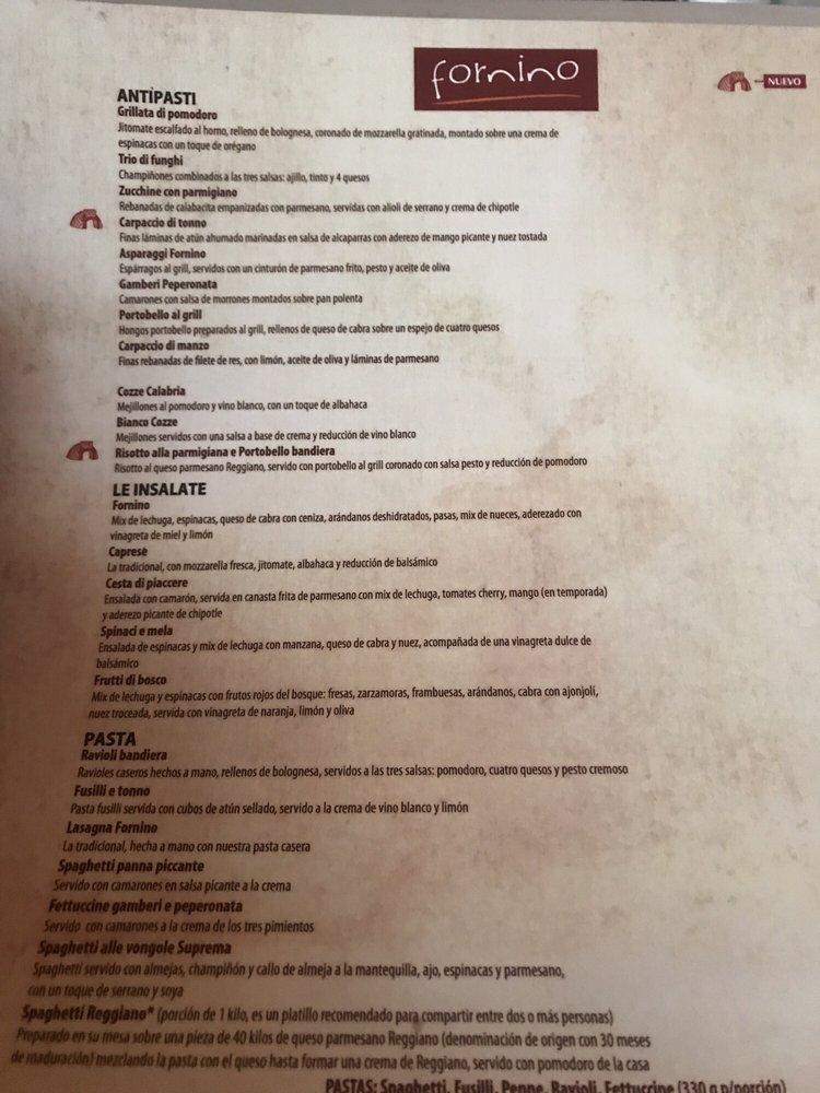 Carta de pizzería Fornino, Zapopan, Av Guadalupe 1269