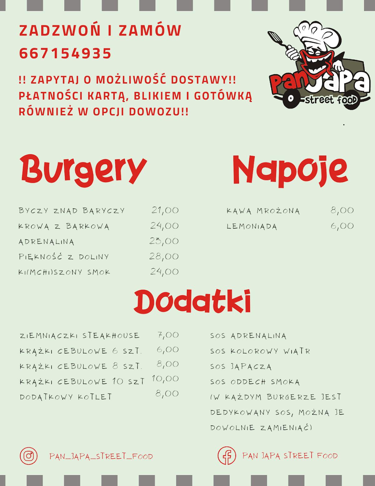 Menu at Pan Japa Street Food restaurant, Żmigród