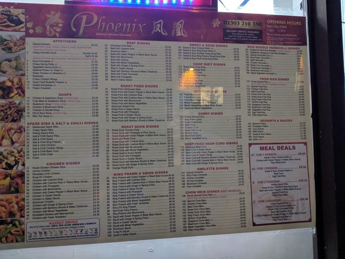 Menu at Phoenix Chinese Takeaway, Folkestone