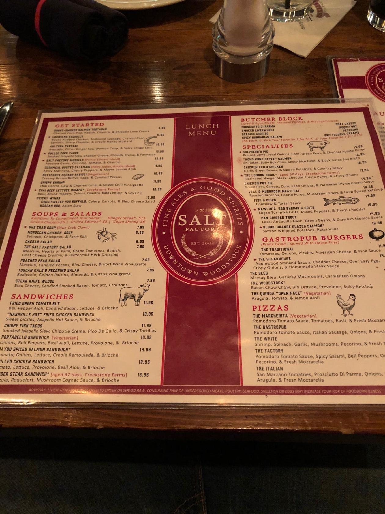 Carta de Salt Factory Pub, Woodstock