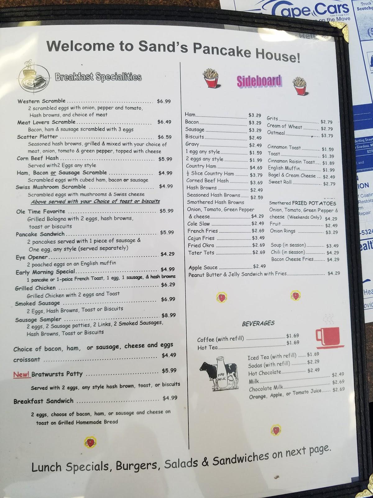 Menu at Sand's Pancake House restaurant, Cape Girardeau, 602 Morgan Oak St