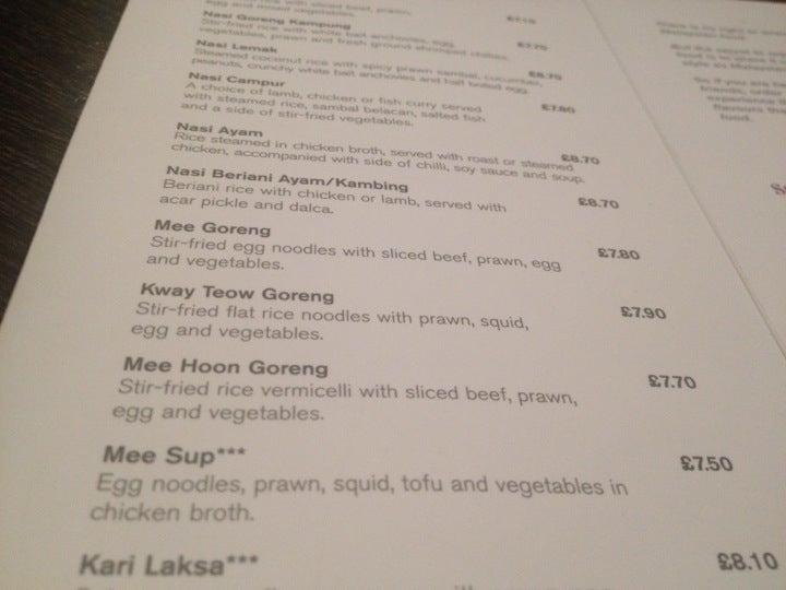 Menu at Satay House Malaysian Restaurant, London