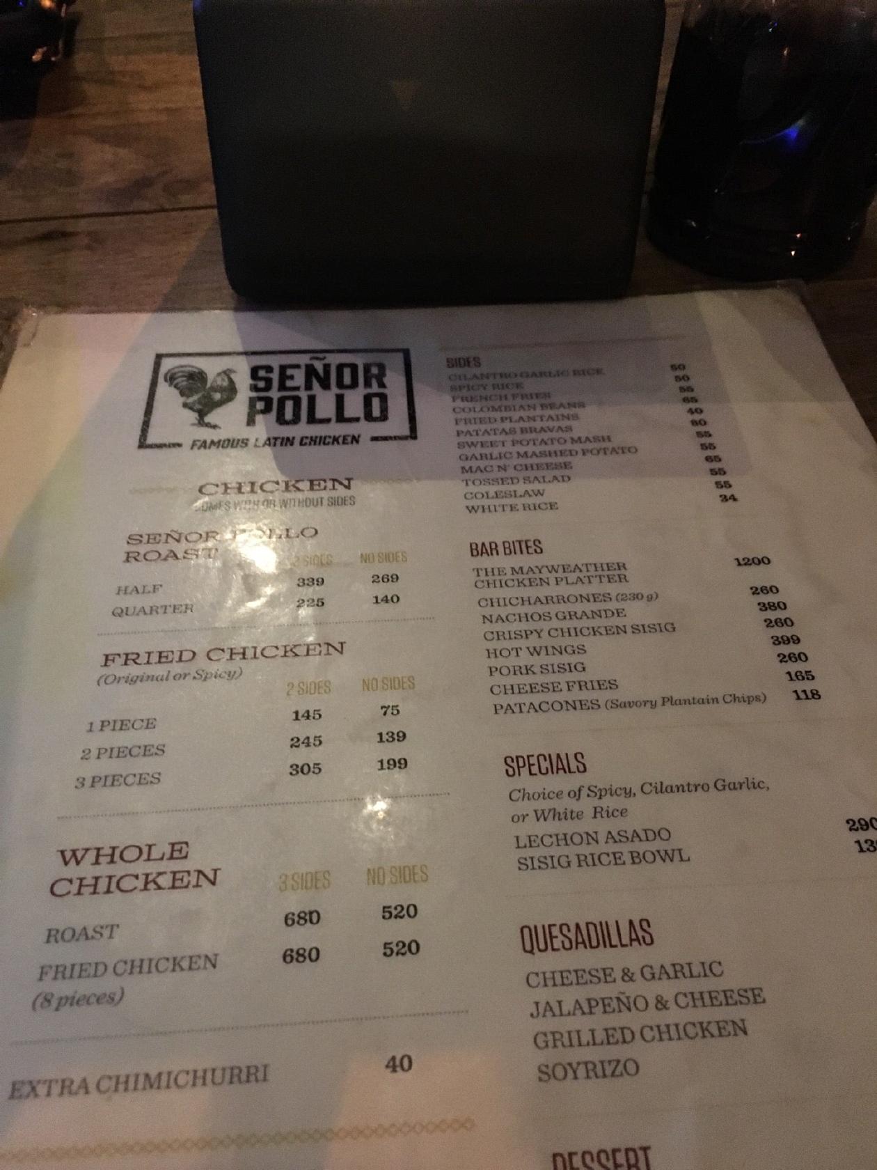 Menu at Señor Pollo restaurant, Makati, Ebro
