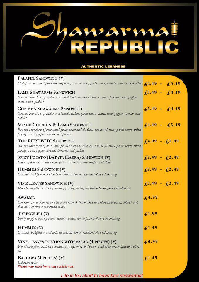 Menu at Shawarma Republic, Ilford