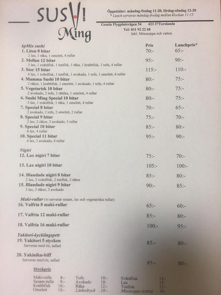 Menu at Sushi Ming restaurant, Kvisljungeby
