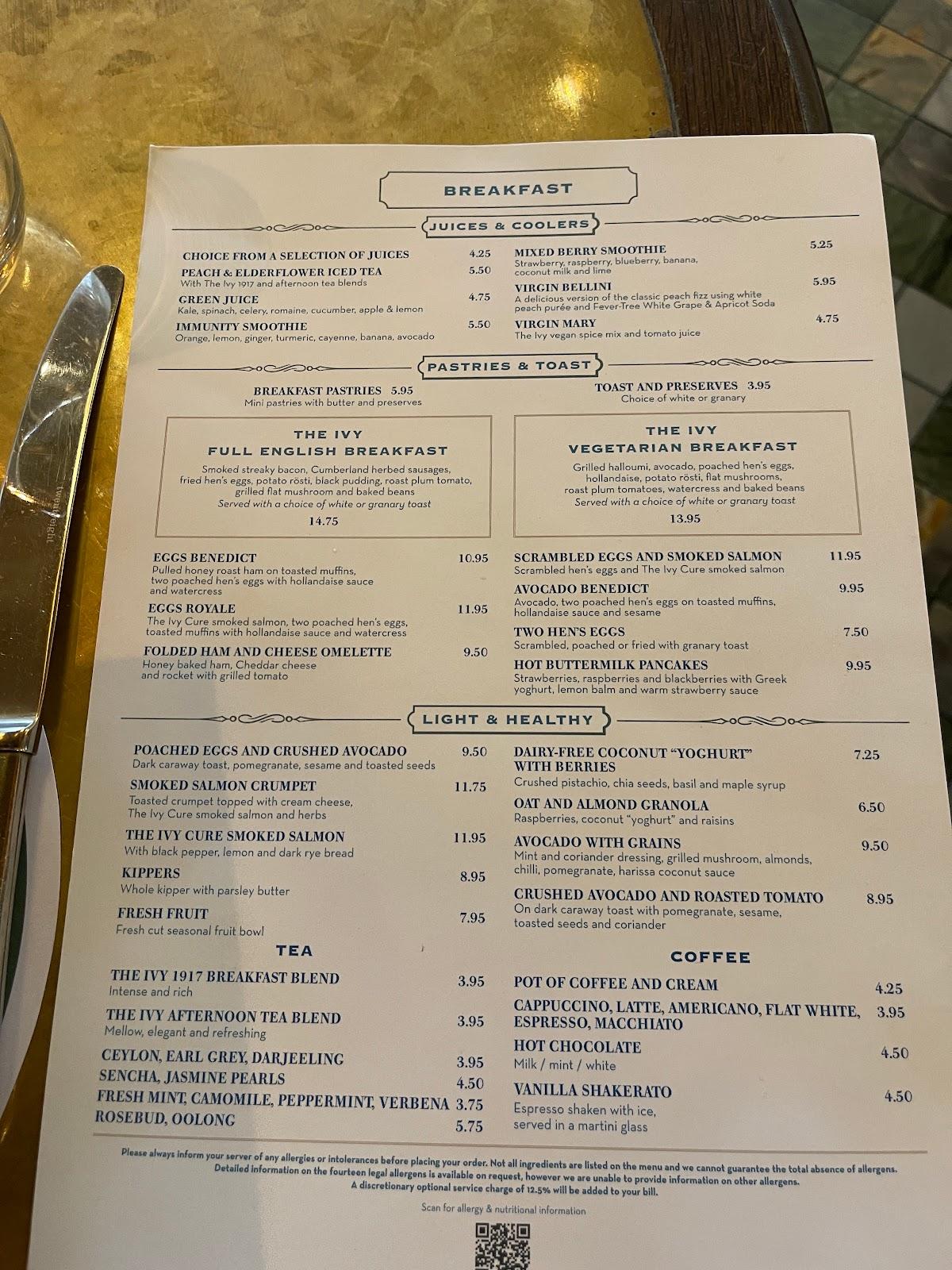 Menu at The Ivy Kensington Brasserie restaurant, London
