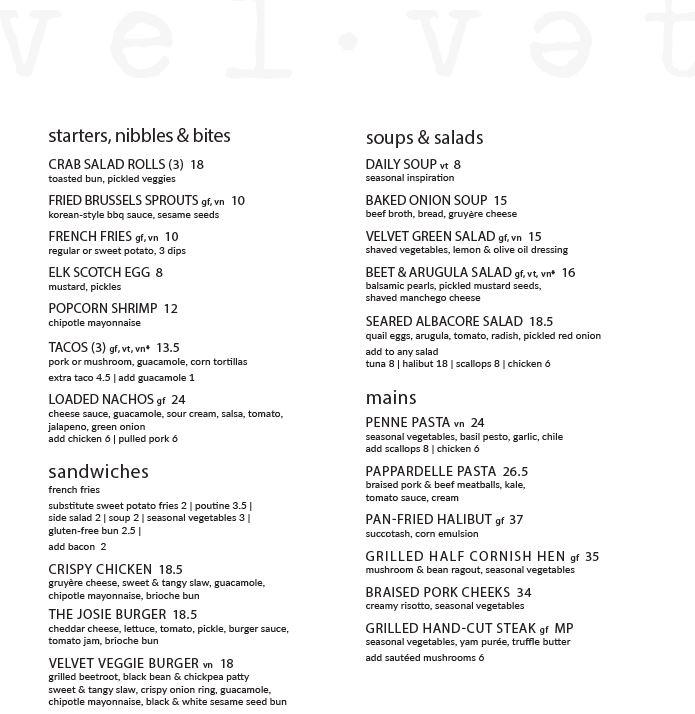 Menu at The Velvet Restaurant & Lounge, Rossland
