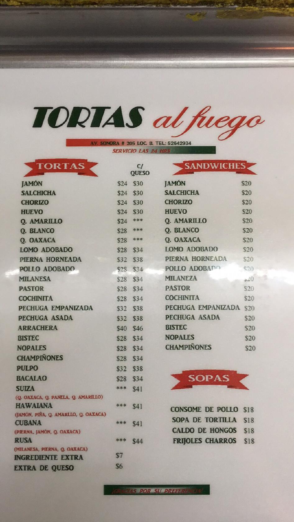 Carta de comida rápida Tortas Al Fuego, Ciudad de México