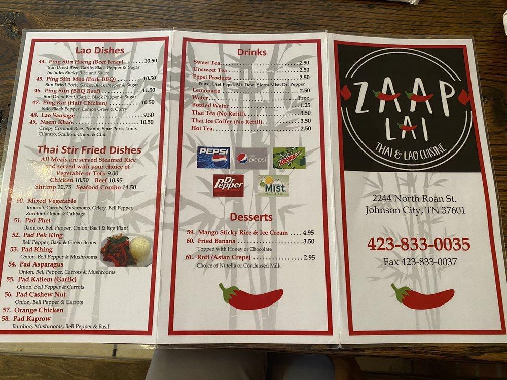 Menu at Zaap Lai Thai and Lao Cuisine restaurant, Johnson City