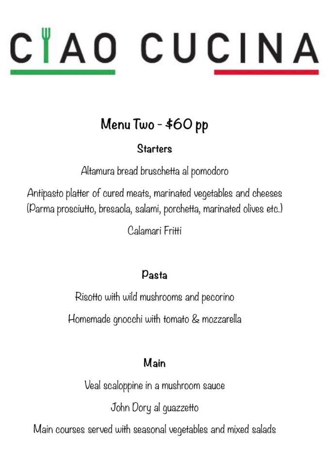 Menu at Ciao Cucina restaurant, Wollongong