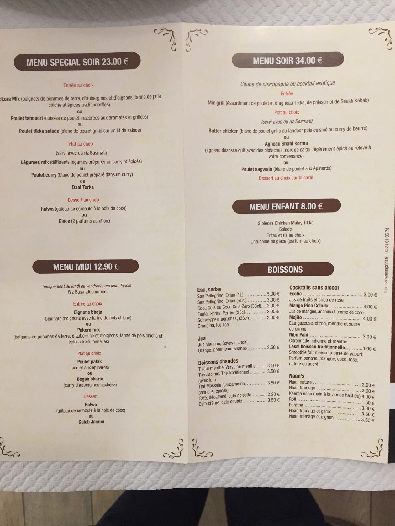 Menu at Palace Indian restaurant, Cambrai