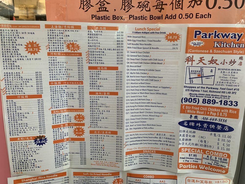 Menu at Parkway kitchen restaurant, Richmond Hill, 670 7