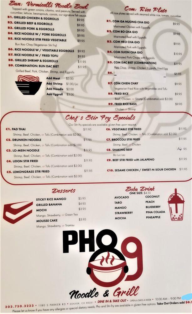 Menu at Phở 89 restaurant, Denver