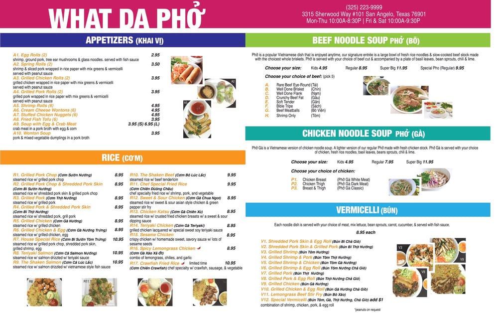 Menu at What Da Pho restaurant, San Angelo