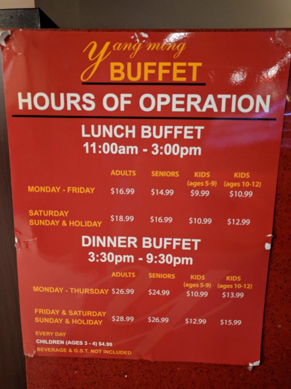 Menu at Yang Ming Buffet restaurant, Edmonton