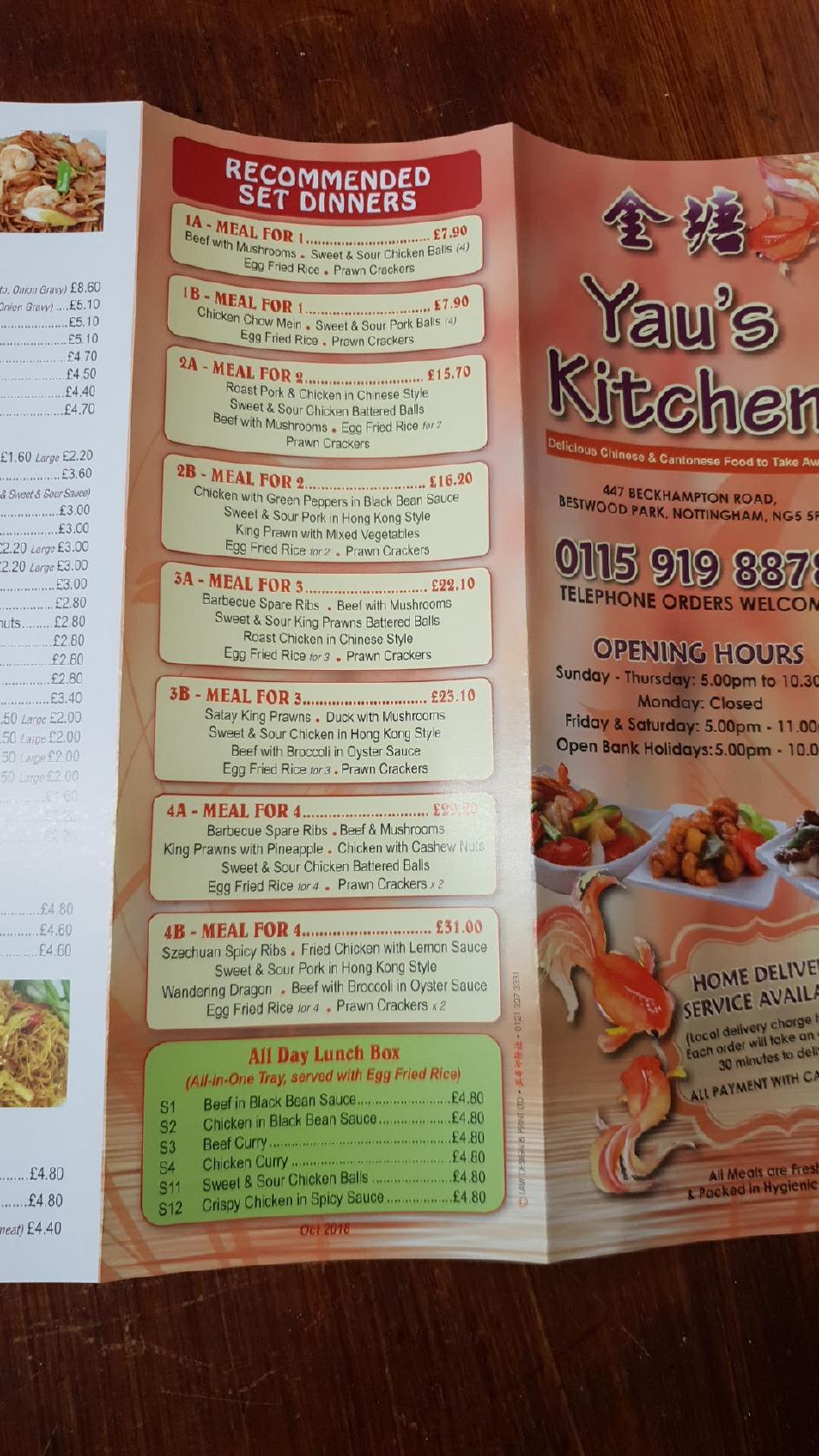 Menu at Yau's Kitchen restaurant, Nottingham