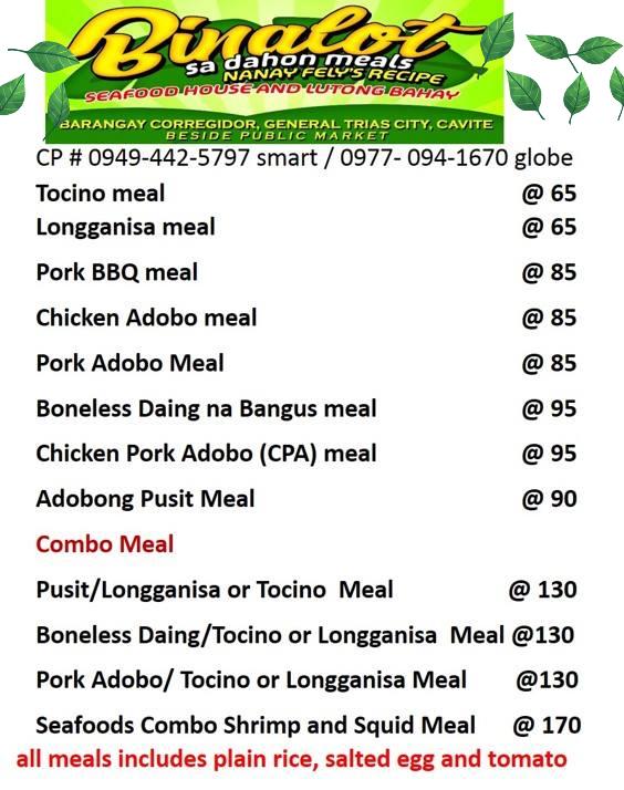 Menu at Binalot sa Dahon Meals restaurant, General Trias