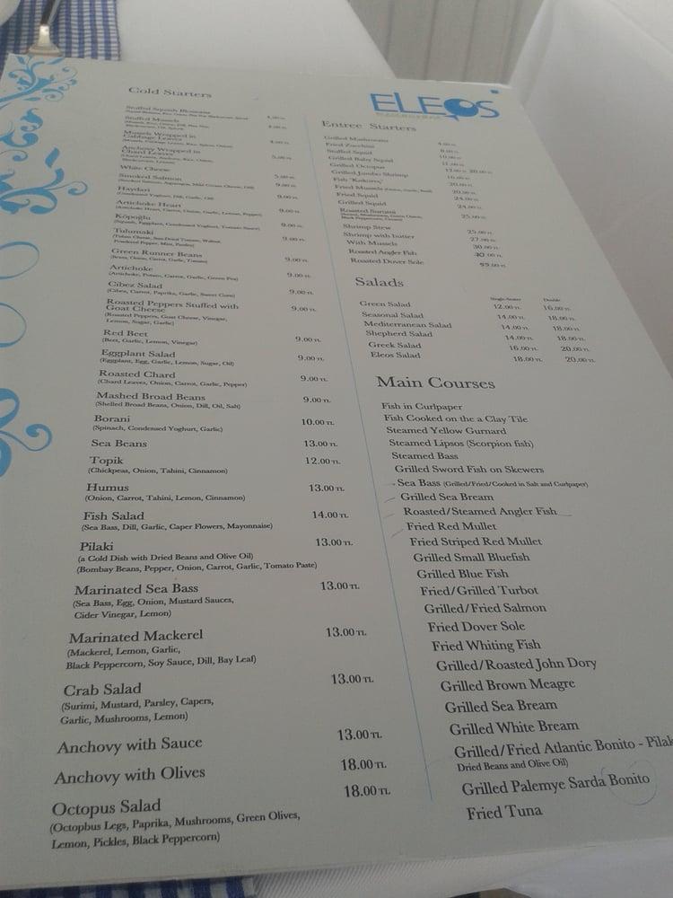 Menu at Eleos Restaurant, Istanbul, 2