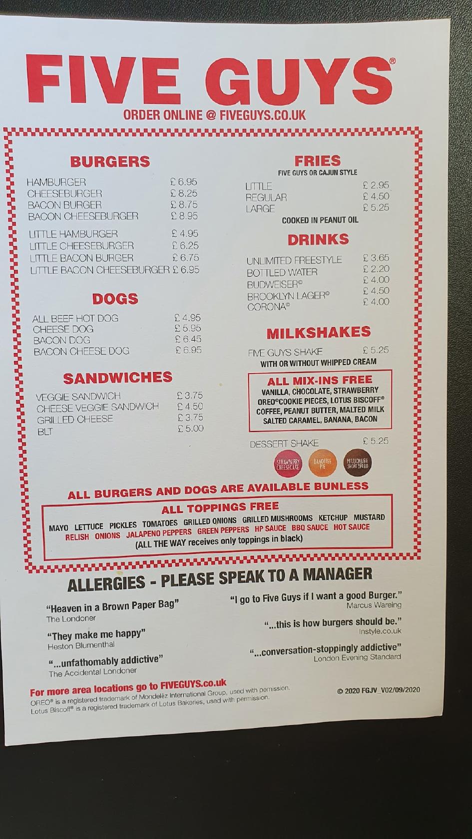Menu at Five Guys Glasgow Fort restaurant, Glasgow, Glasgow Fort ...