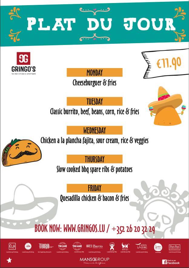 Speisekarte von Gringo's Tex Mex restaurant, Luxemburg