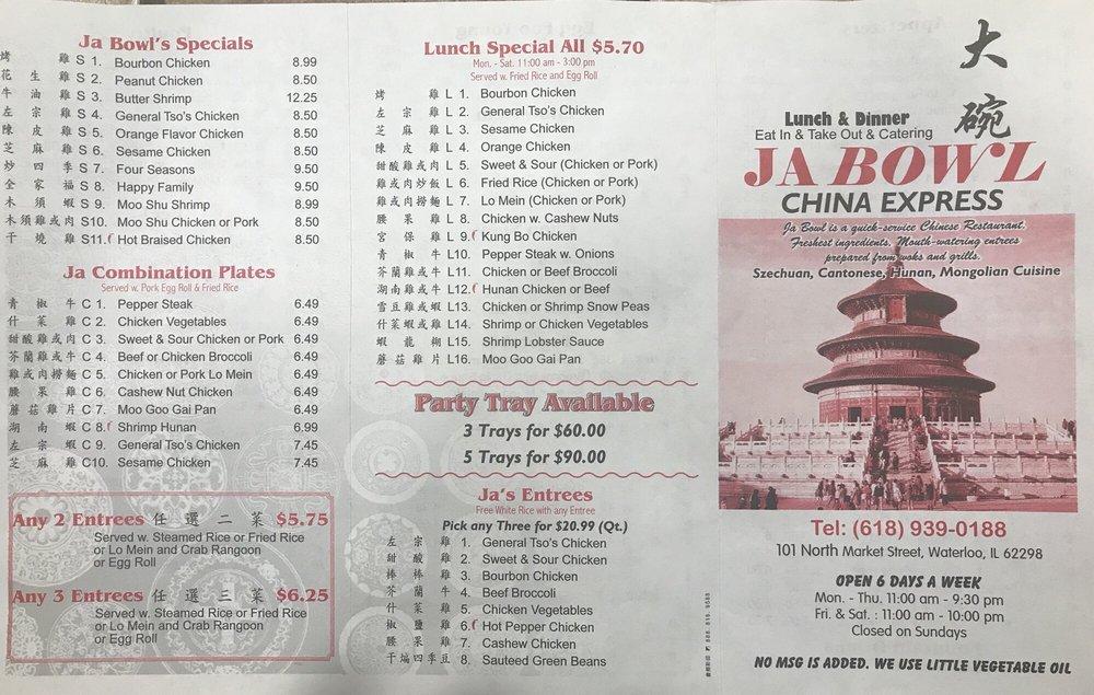 Menu at Ja Bowl Asian Express restaurant, Waterloo