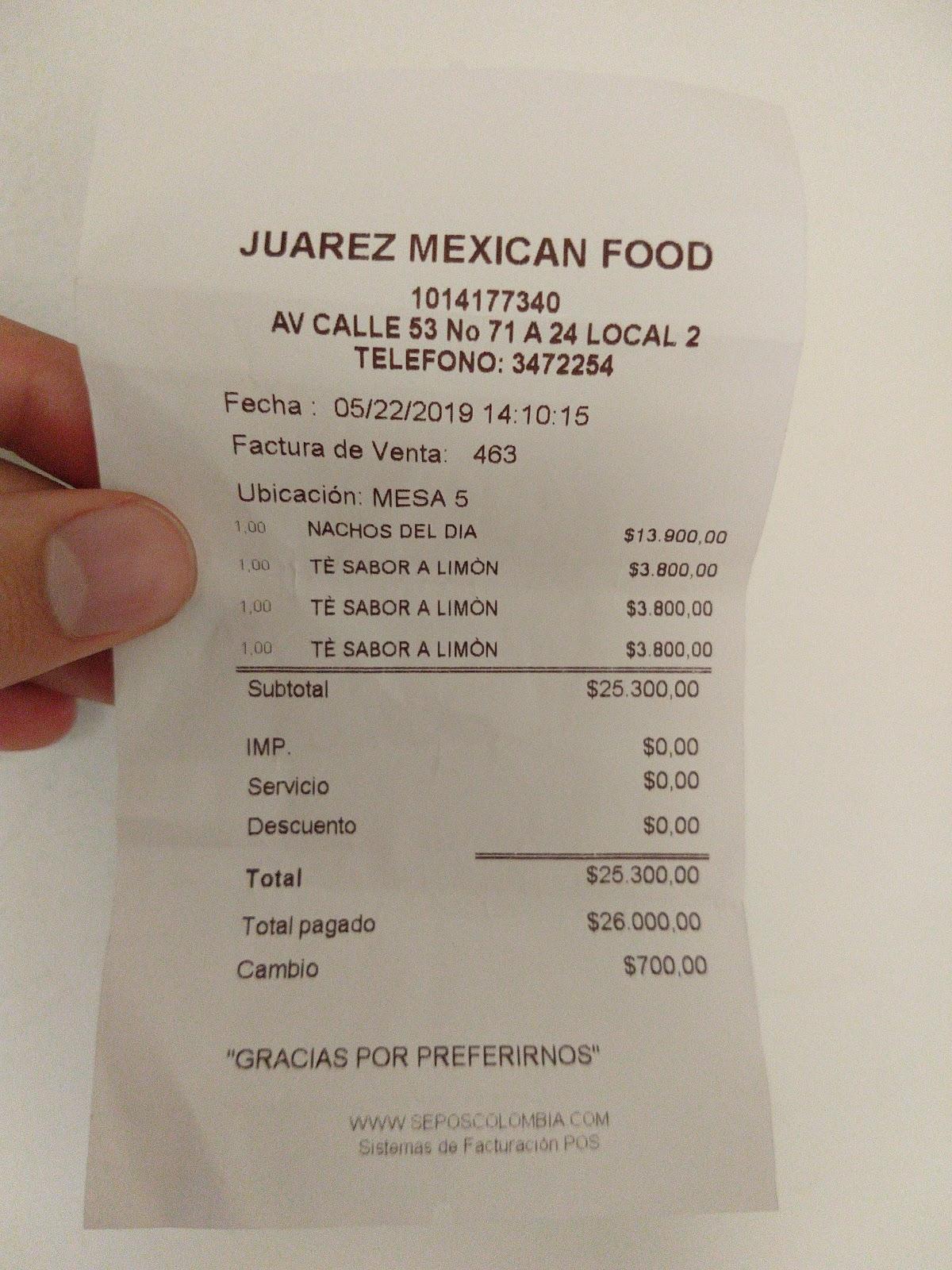 Menu at Juárez mexicana food restaurant, Bogotá
