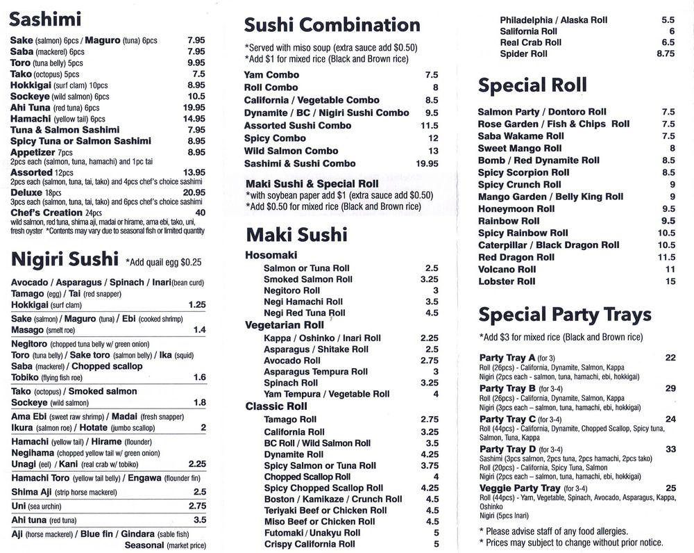 Menu at Kimu Japanese Cuisine restaurant, Vancouver