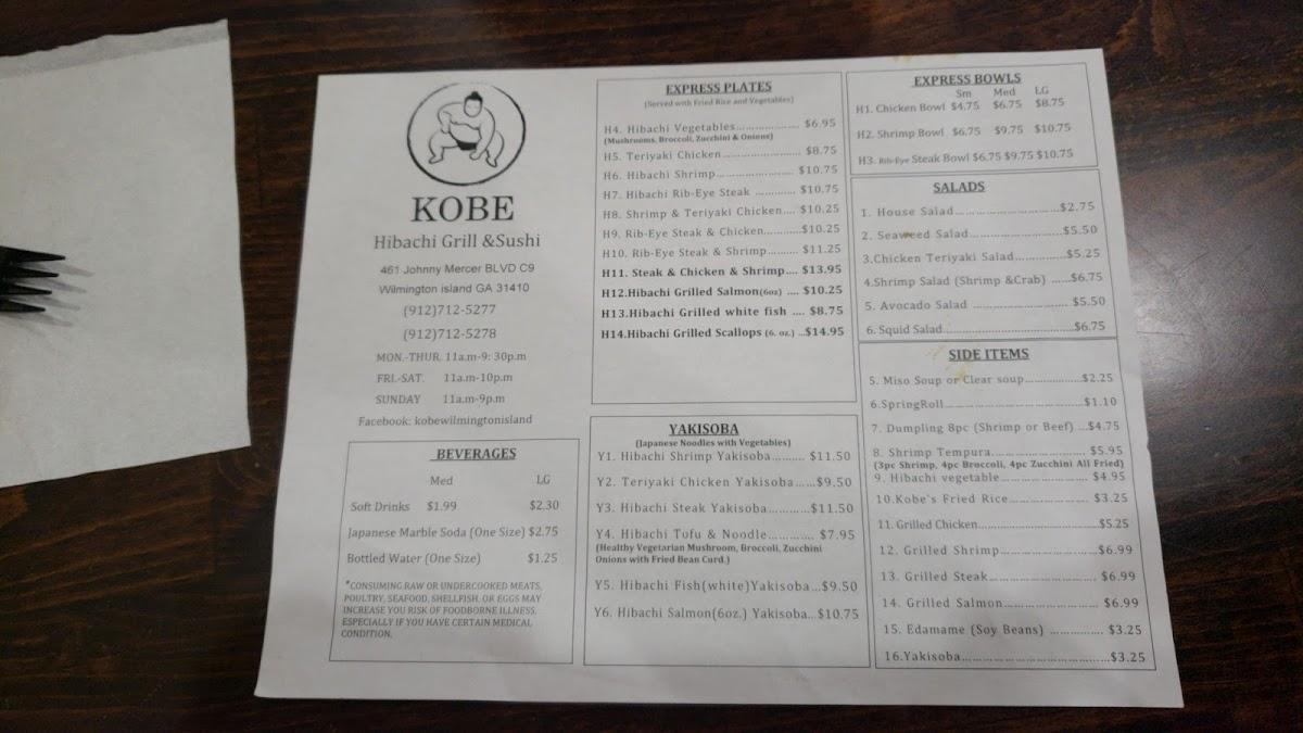 Menu at Kobe Sushi & Hibachi restaurant, Savannah