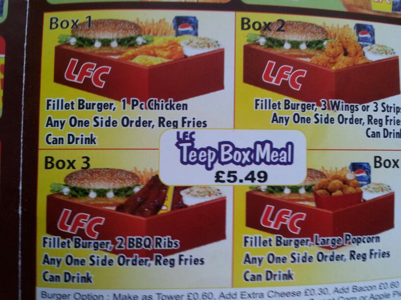 Menu at LFC restaurant, Worksop