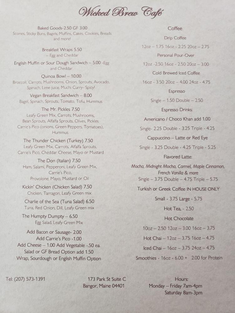 Menu at Wicked Brew Café & Coffee Shop cafe, Bangor