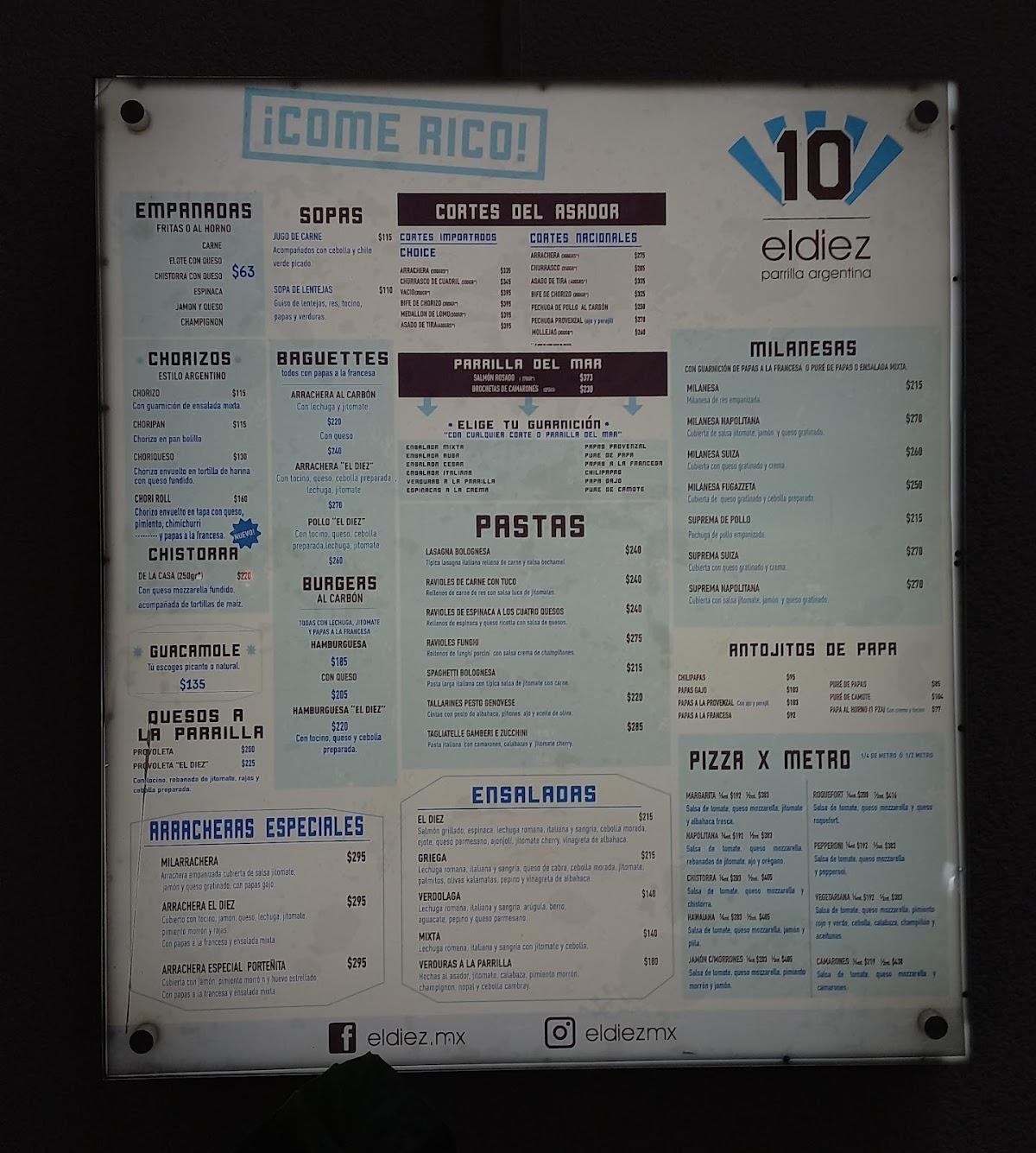 Carta del restaurante El Diez, Ciudad del México, Lago Alberto 320