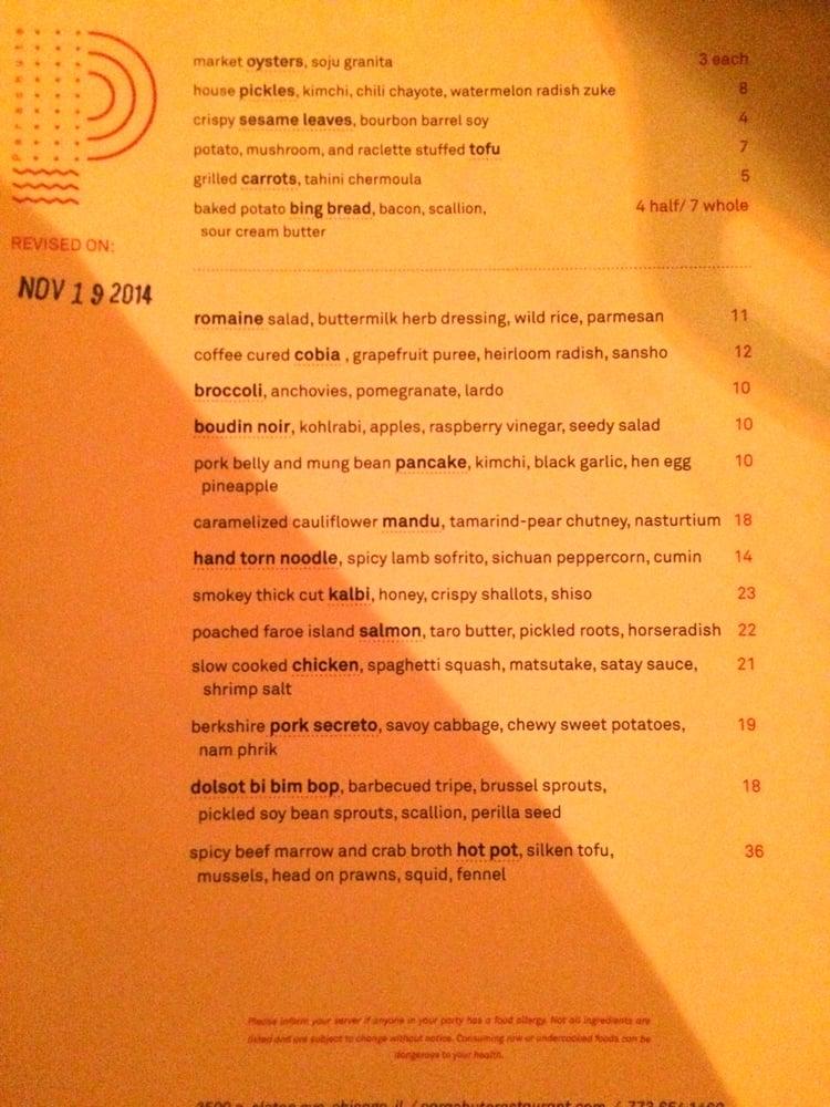 Menu at Parachute restaurant, Chicago