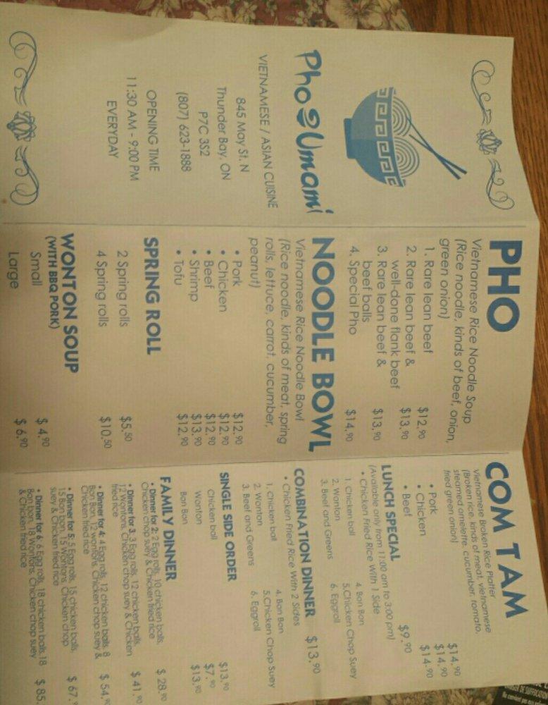 Menu at Pho Umami restaurant, Thunder Bay