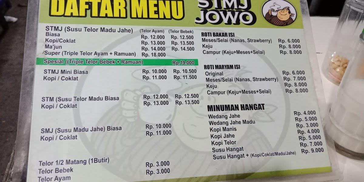 Menu at STMJ Jowo cafe, Malang