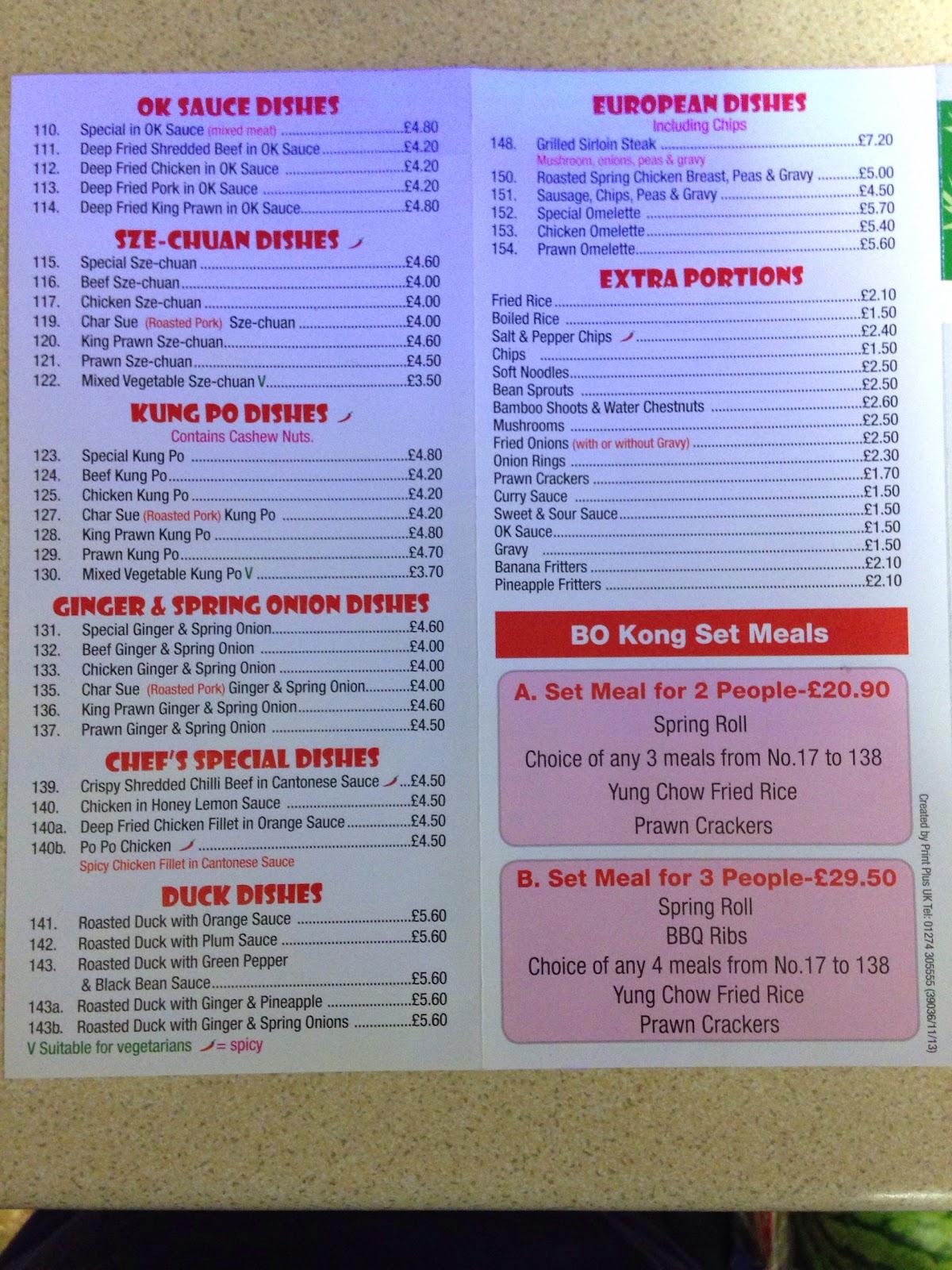Menu at Bo Kong fast food, Bradford