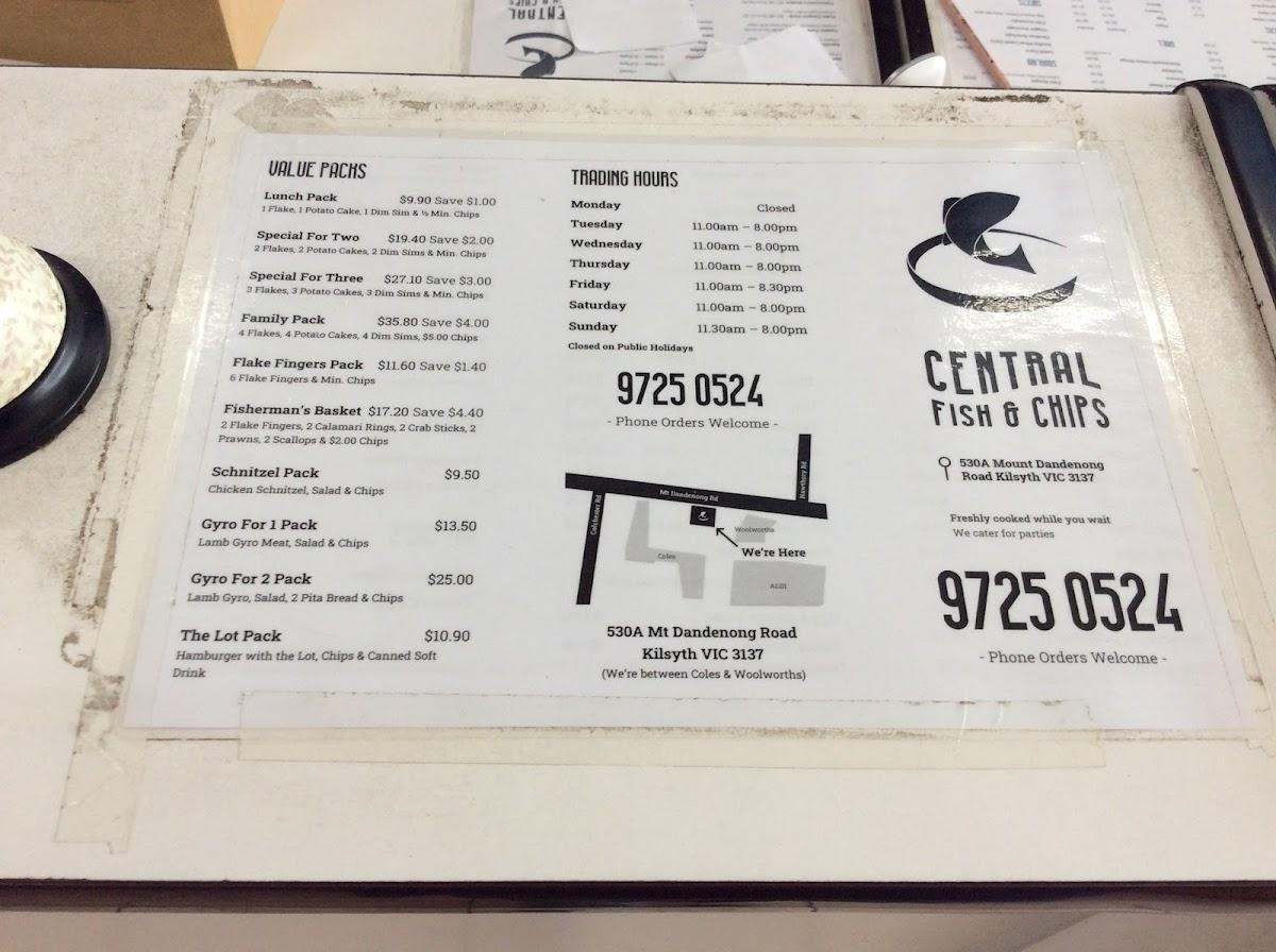 Menu at Central Fish & Chips fast food, Kilsyth