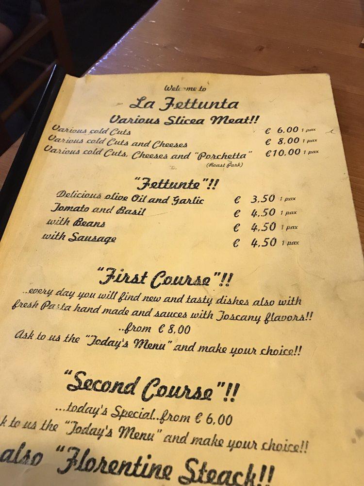 Menu at La Fettunta restaurant, Florence